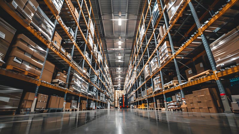 A Large Warehouse with Numerous Items. Rows of Shelves Stock ...