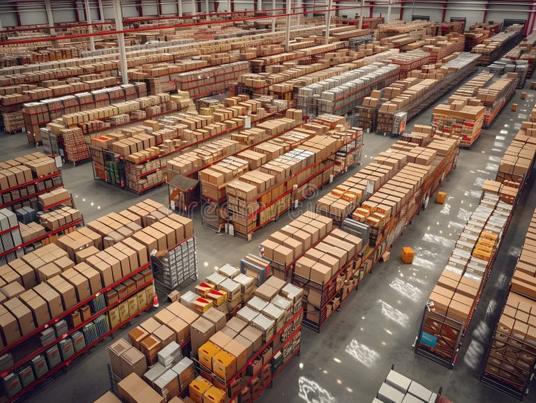 A Large Warehouse with Numerous Items. Rows of Shelves Stock ...
