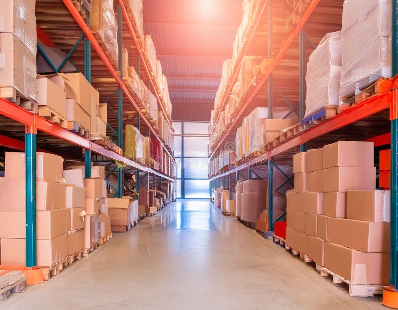 A Large Warehouse with Numerous Items. Rows of Shelves with Boxes Stock ...
