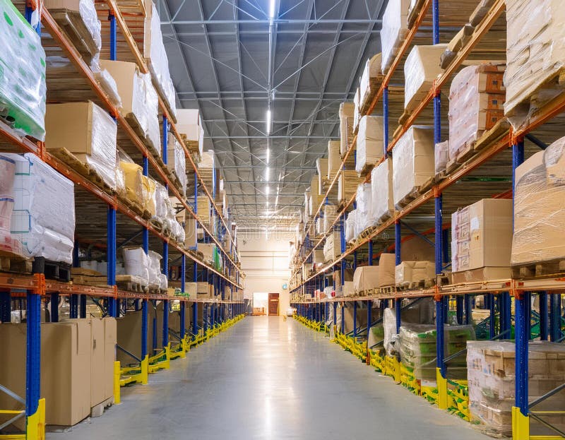 A Large Warehouse with Numerous Items. Rows of Shelves with Boxes Stock ...