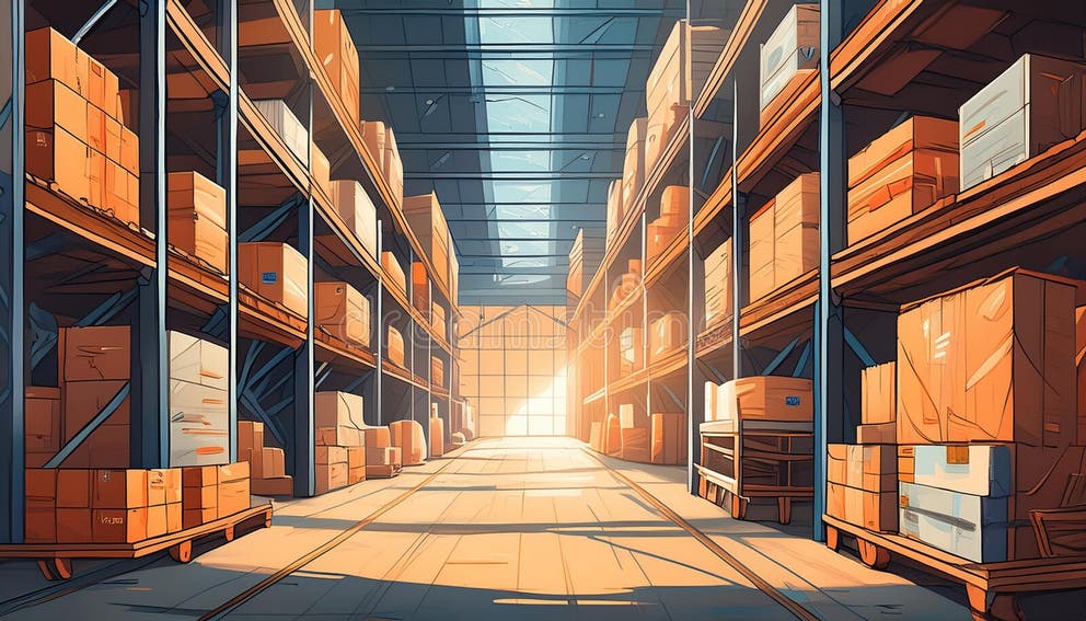 A Large Warehouse with Numerous Items. Rows of Shelves with Boxes Stock ...