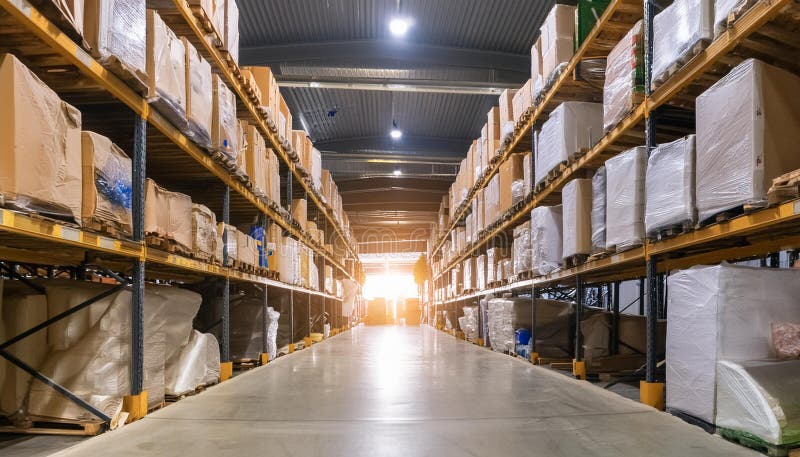 A Large Warehouse with Numerous Items. Rows of Shelves with Boxes Stock ...