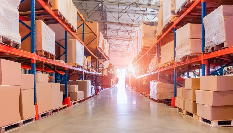 A Large Warehouse with Numerous Items. Rows of Shelves with Boxes Stock ...