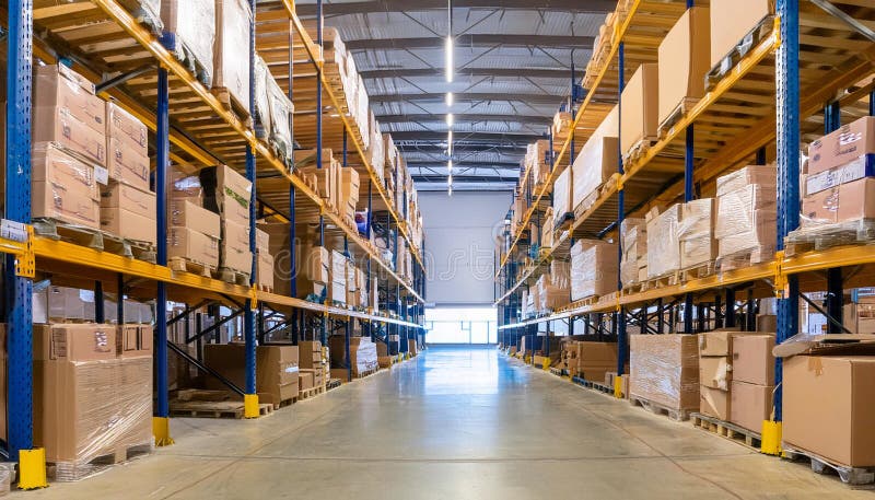 A Large Warehouse with Numerous Items. Rows of Shelves with Boxes Stock ...
