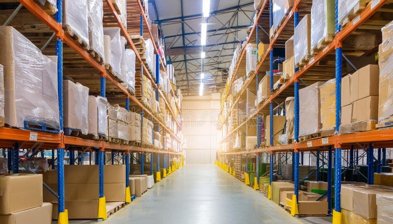 A Large Warehouse with Numerous Items. Rows of Shelves with Boxes Stock ...
