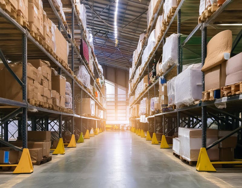 A Large Warehouse with Numerous Items. Rows of Shelves with Boxes Stock ...