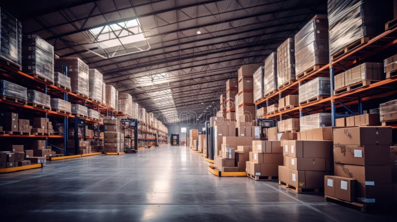 A Large Warehouse with Numerous Items. Rows of Shelves with Boxes ...