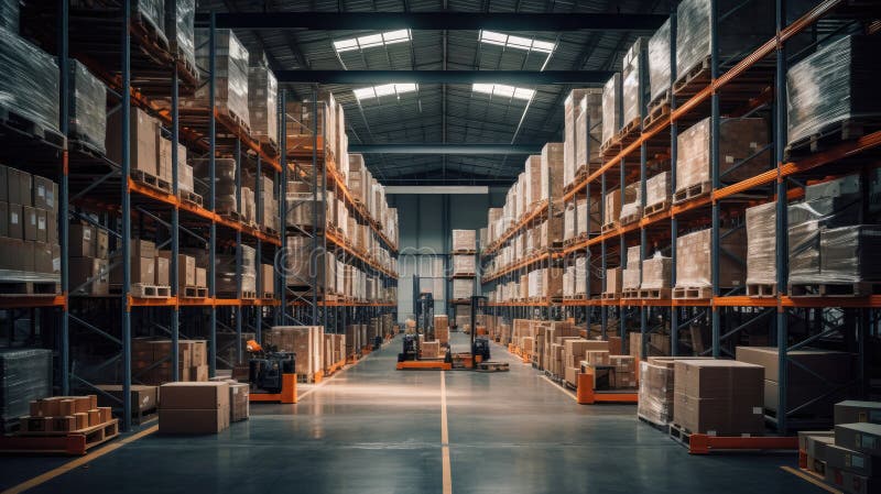 A Large Warehouse with Numerous Items. Rows of Shelves with Boxes ...