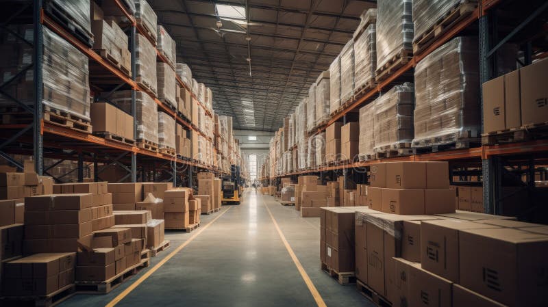A Large Warehouse with Numerous Items. Rows of Shelves with Boxes ...