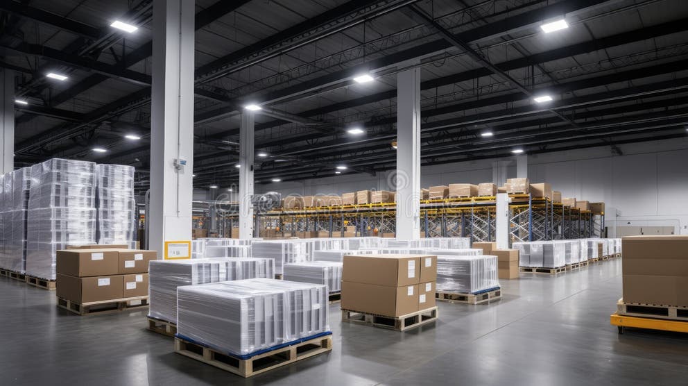 A Large Warehouse with Numerous Items. Rows of Shelves with Boxes ...