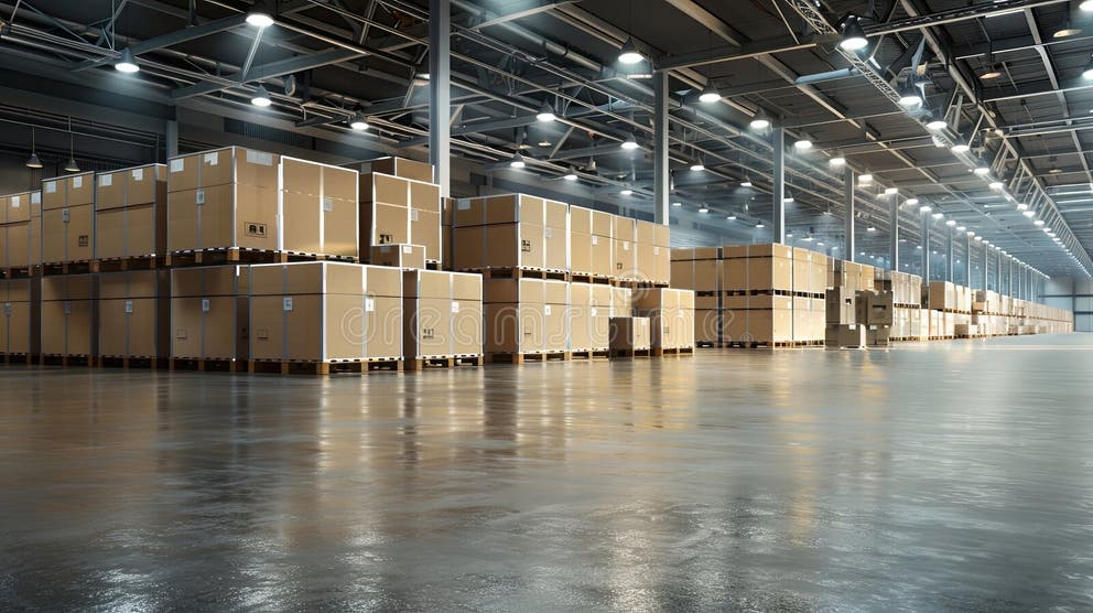 A Large Warehouse with Numerous Items. Rows of Shelves with Boxes ...