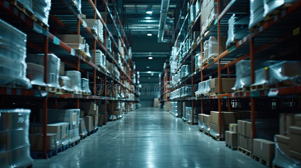A Large Warehouse with Numerous Items. Rows of Shelves with Boxes ...