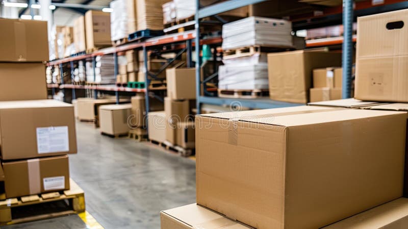 A Large Warehouse with Numerous Items. Rows of Shelves with Boxes ...