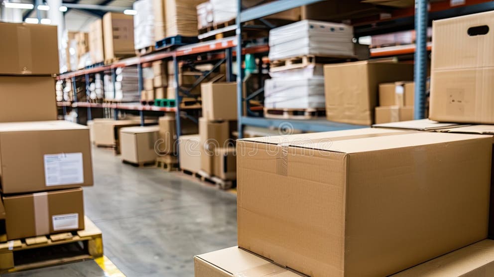 A Large Warehouse with Numerous Items. Rows of Shelves with Boxes ...