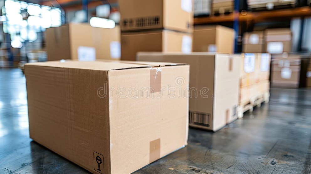 A Large Warehouse with Numerous Items. Rows of Shelves with Boxes ...