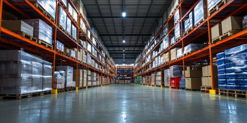 Large Warehouse with Organized Shelves of Packaged Products, Showcasing ...