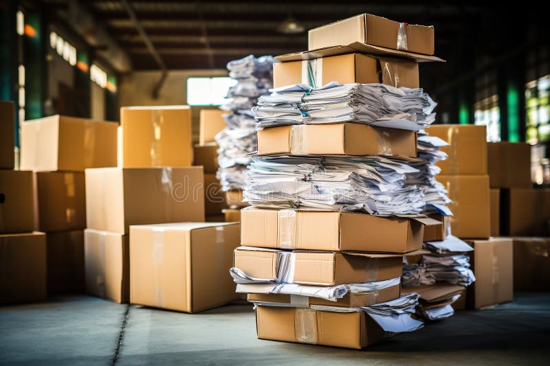 Large Warehouse with Piles of Cardboard Boxes and Papers. Waste Paper ...