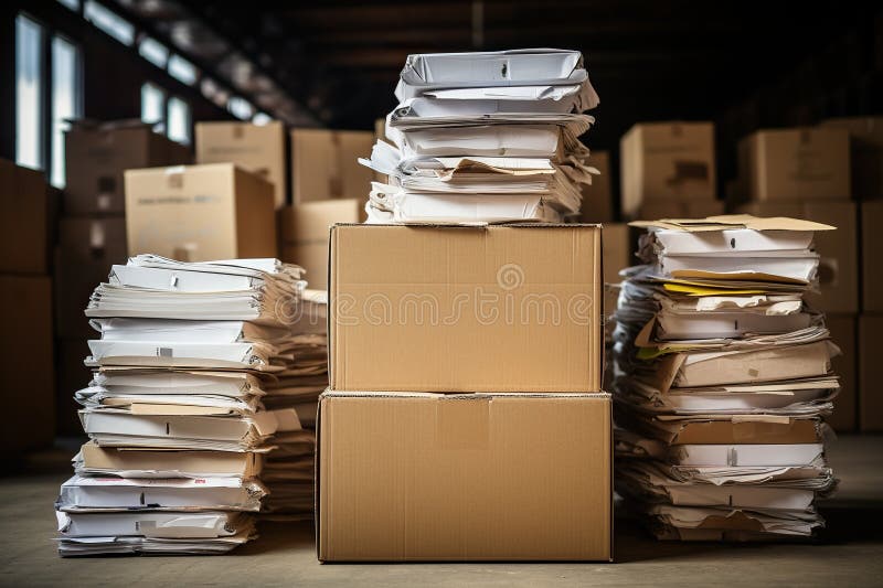 Large Warehouse with Piles of Cardboard Boxes and Papers. Waste Paper ...