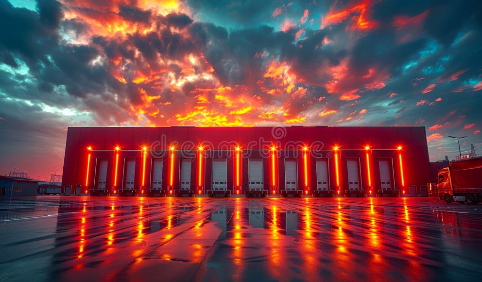 A Large Warehouse with a Red Roof and a Red Wall Stock Photo - Image of ...