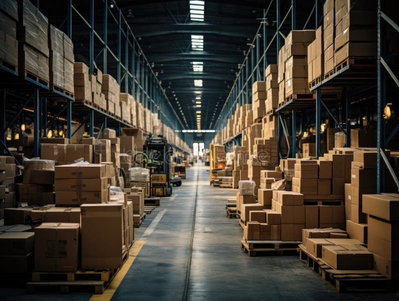 A Large Warehouse with Rows of Multiple Stacks of Boxes and Merchandise ...