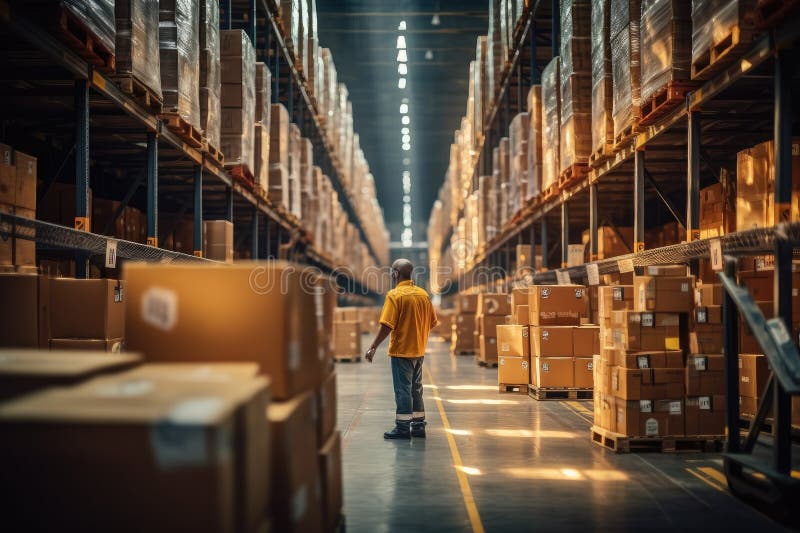 A Large Warehouse with Rows of Multiple Stacks of Boxes and Merchandise ...