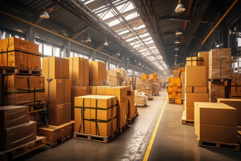 A Large Warehouse with Rows of Multiple Stacks of Boxes and Merchandise ...