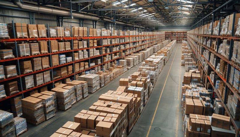 A Large Warehouse with Rows of Multiple Stacks of Boxes and Merchandise ...