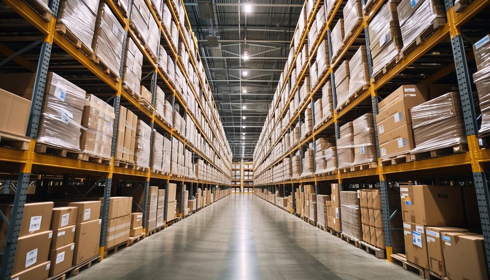 A Large Warehouse with Rows of Multiple Stacks of Boxes and Merchandise ...