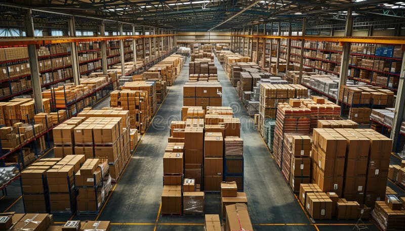 A Large Warehouse with Rows of Multiple Stacks of Boxes and Merchandise ...
