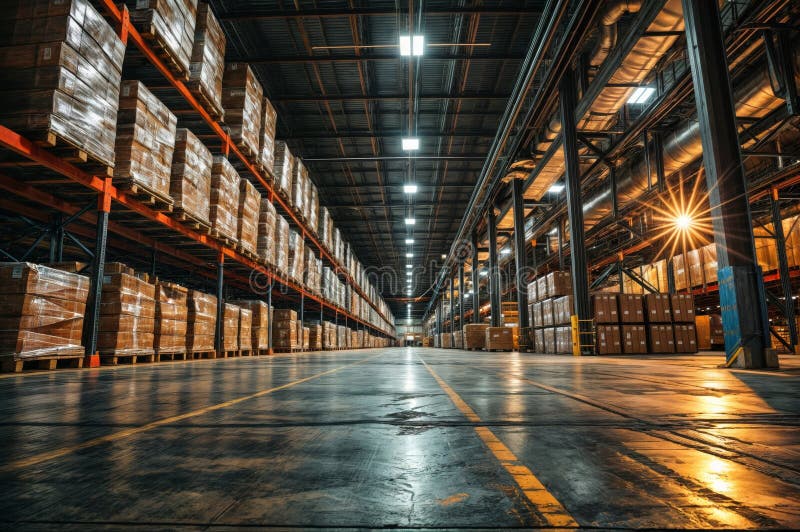 Large Warehouse with Rows of Shelves and Boxes Stock Illustration ...