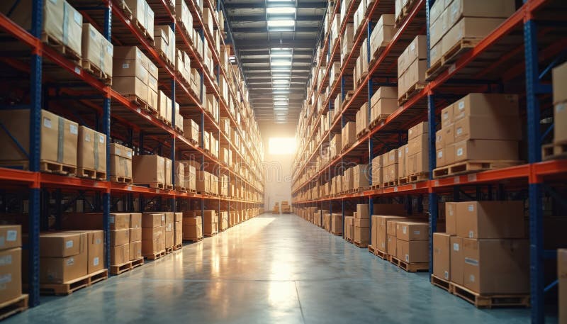 Large Warehouse with Rows of Shelves, Boxes on Pallets. Logistics ...
