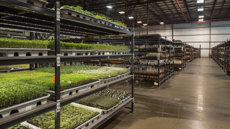 A Large Warehouse with Rows of Shelves Each Holding Trays of Sprouting ...