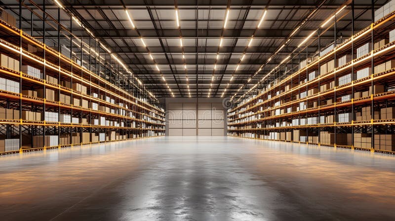 A Large Warehouse with Rows of Shelves Full of Boxes, Lit by Overhead ...