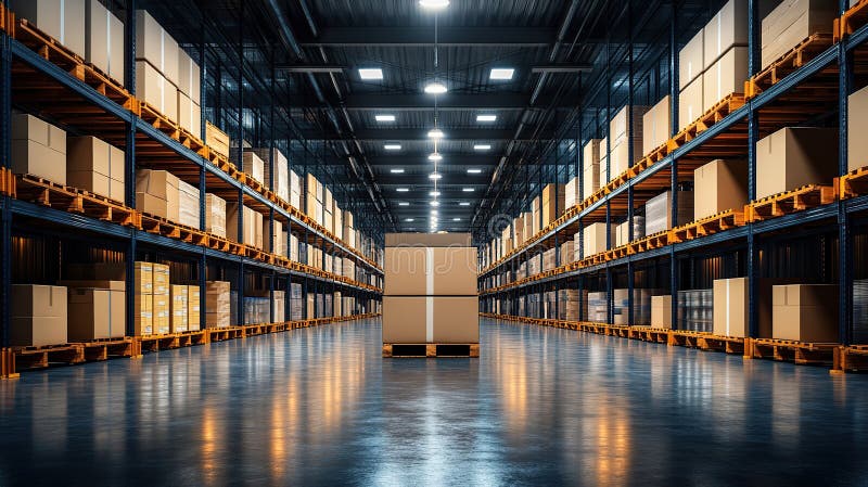 Large Warehouse with Rows of Stacked Cardboard Boxes on Shelves Stock ...