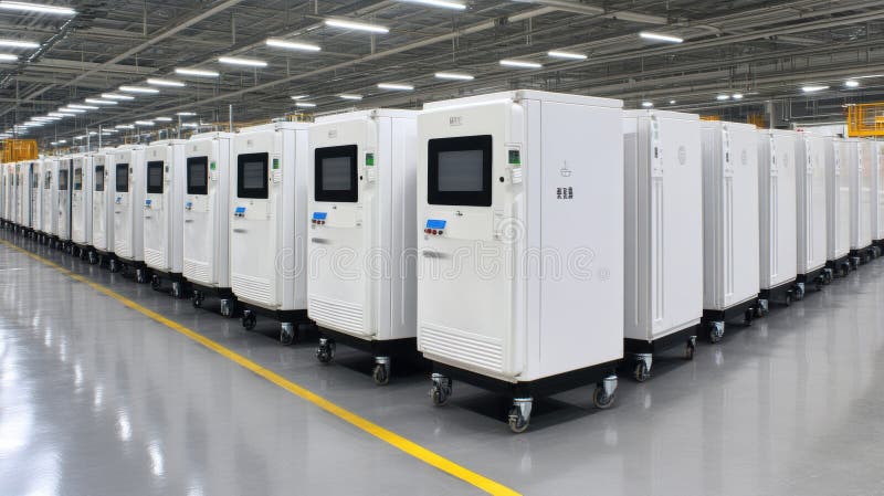A Large Warehouse with Rows of White Machines on Wheels, AI Stock Image ...
