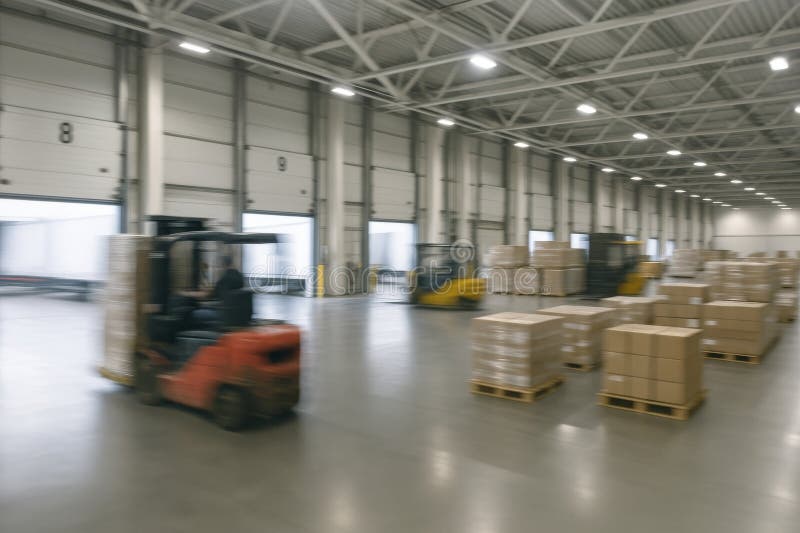Busy Warehouse with Workers and Delivery Truck Unloading Packages ...