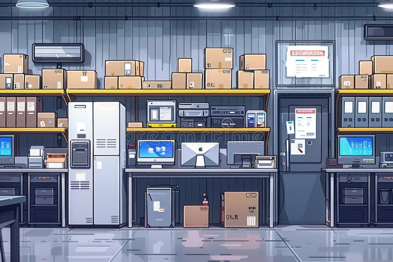 A Large Warehouse with Shelves Full of Boxes and Computers Stock Photo ...