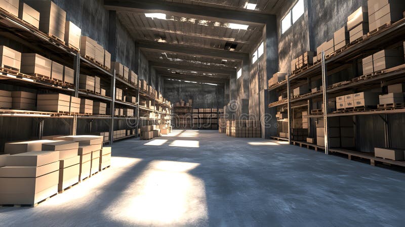 A Large Warehouse with Shelves Stocked with Boxes. Sunlight Streams ...