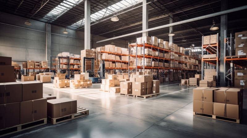 Large Warehouse Space with High Racks and a Forklift. Concept of ...