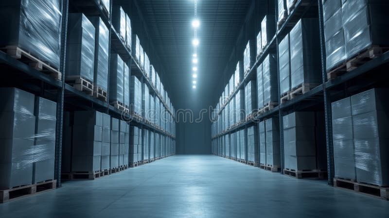 Large Warehouse with Stacked Pallets and Bright Overhead Lights in an ...