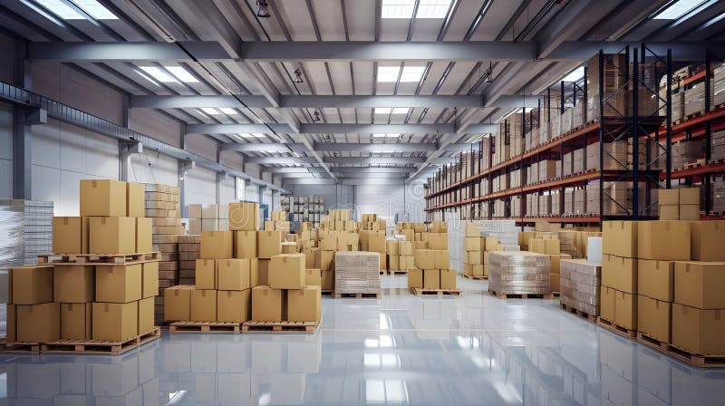 Large Warehouse Storage with Cardboard Boxes on Pallets Stock ...
