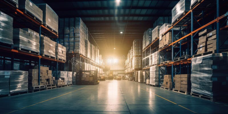 Large Warehouse Storage Room with Crates Both Sides, Sun Shines through ...