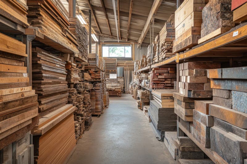 Large Warehouse Storing Various Types of Wood Planks, Lumber, and ...