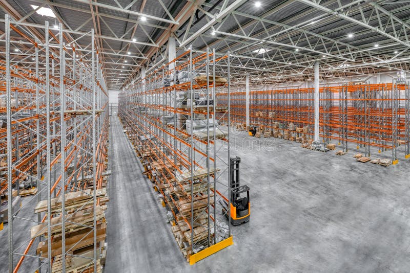 Large Warehouse. Tall and Long Metal Racks Filled with Various Boxes ...