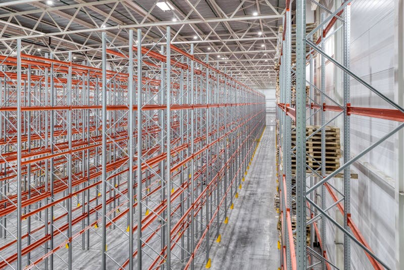 Large Warehouse. Tall and Long Metal Shelving. Stock Photo - Image of ...