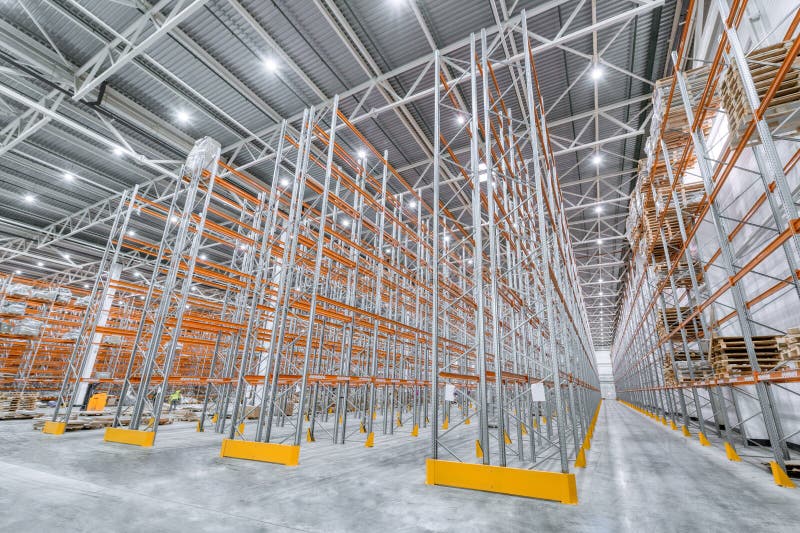 Large Warehouse. Tall and Long Metal Shelving Stock Image - Image of ...