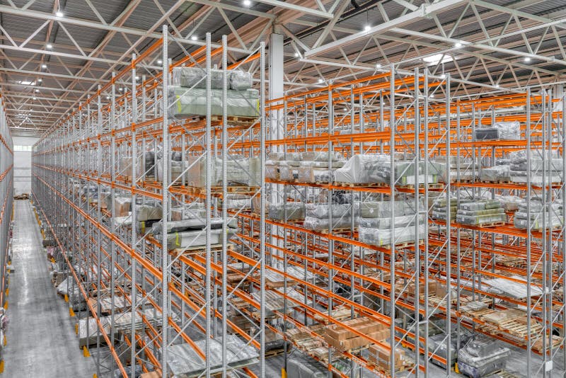 Large Warehouse. Tall Metal Shelves Stock Image - Image of forklift ...