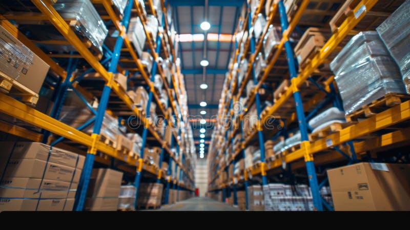 Large Warehouse with Tall Shelves and Packed Goods Stock Image - Image ...