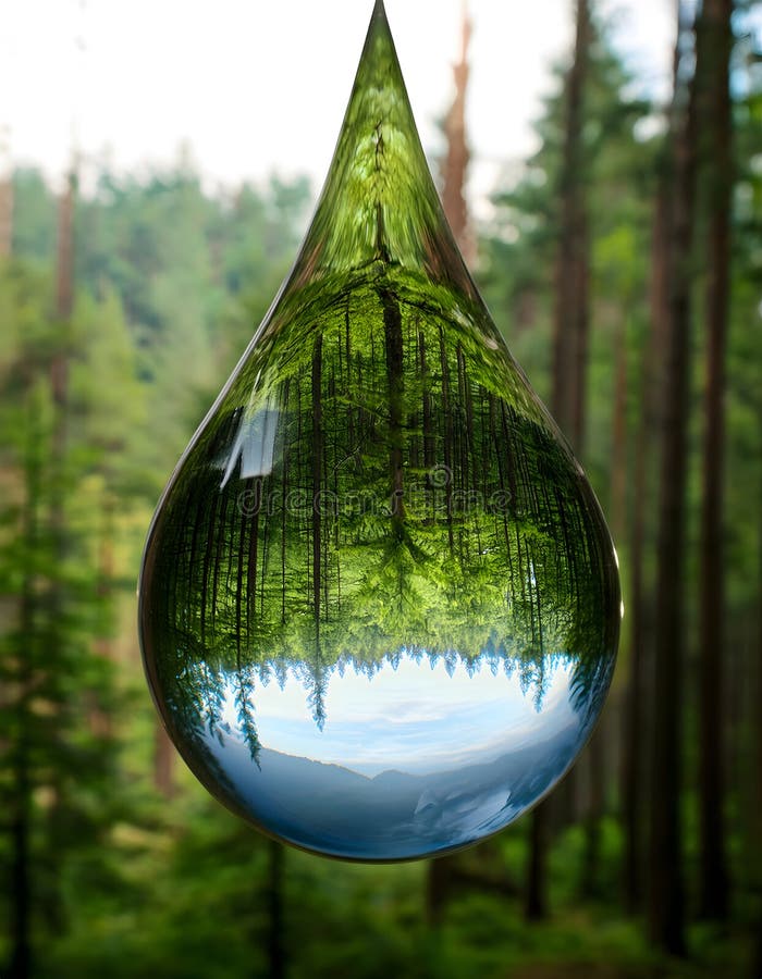 A Large Water Drop Reflects a Dense Forest Scene, Symbolizing Nature ...