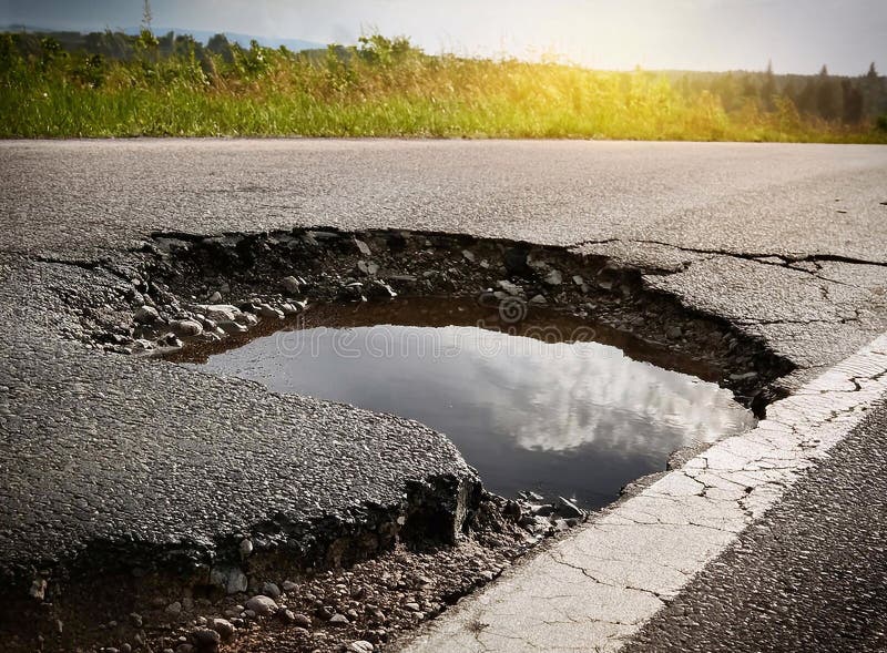 Large Water-filled Pothole on the Edge of a Cracked, Damaged Bitumen ...